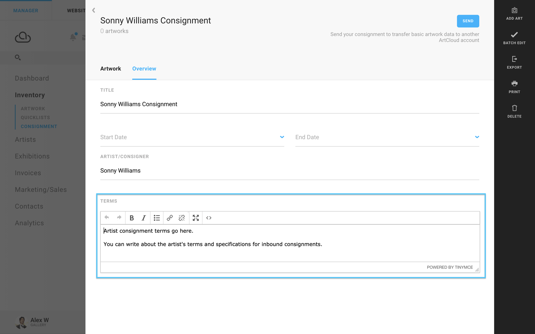 Add Artist Default Consignment Terms