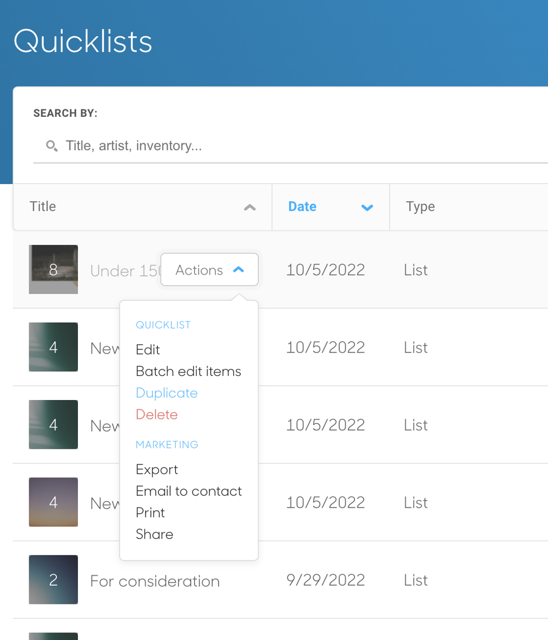 Create & edit lists of inventory with Quicklists