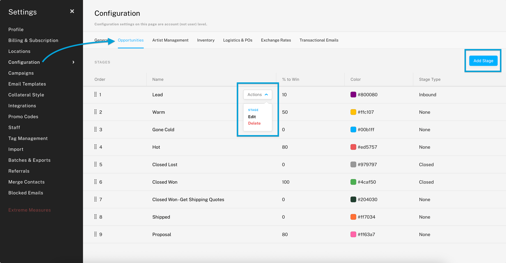 How do I configure my Opportunity Stages? - ArtCloud Sales