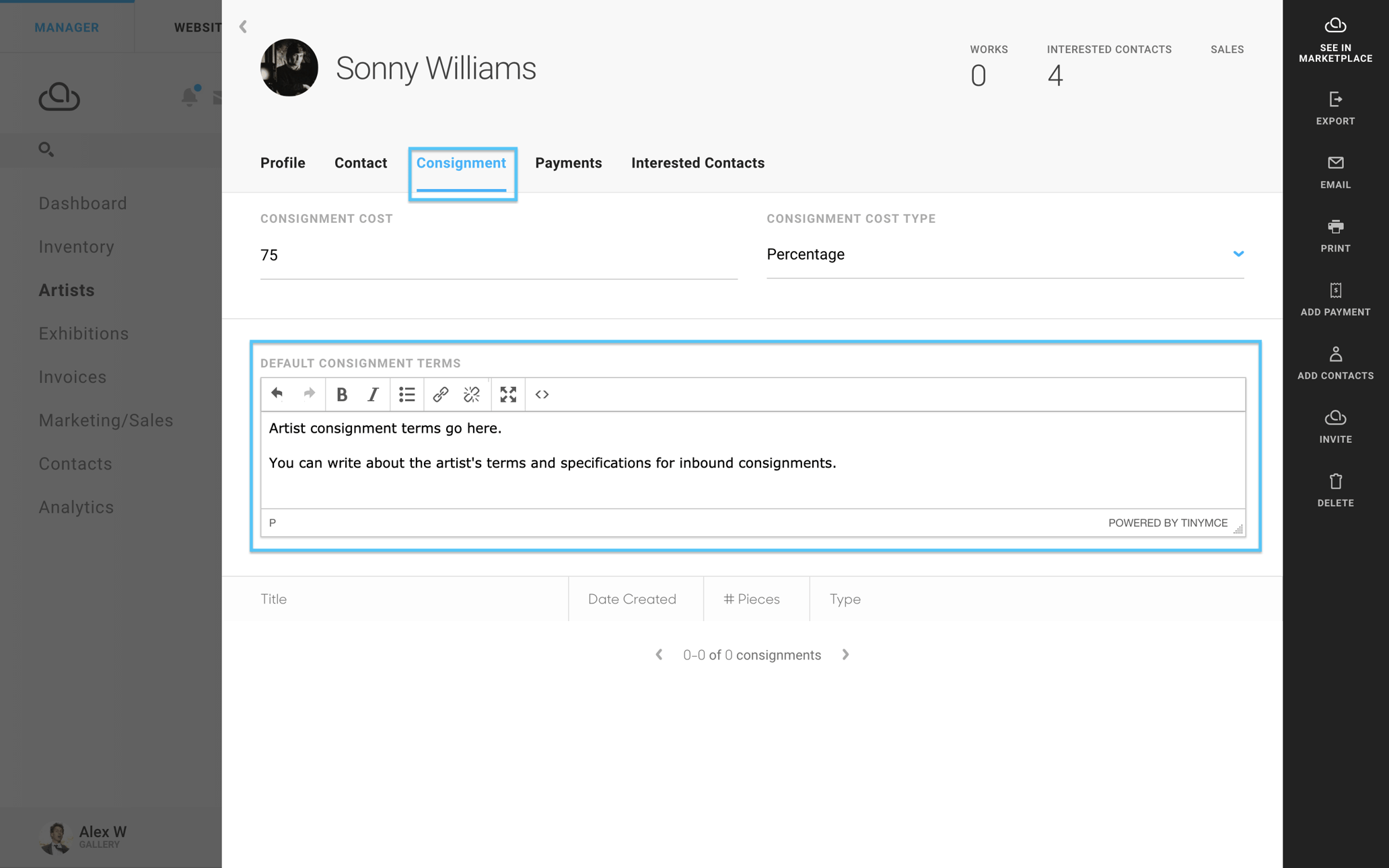 Add Artist Default Consignment Terms
