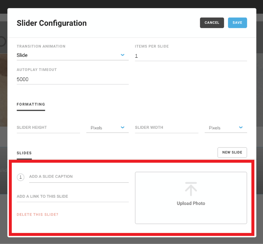 Add a slideshow to your website, and change its size.